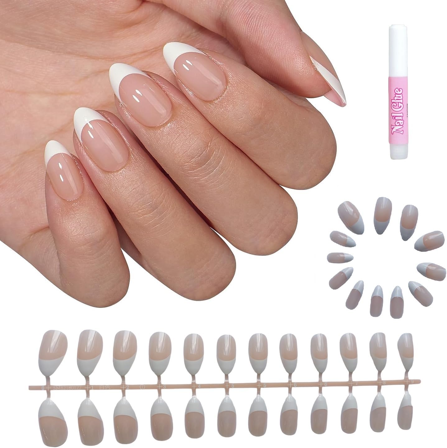 24 Pcs French False Nails Short Almond French Tip Press On French ...