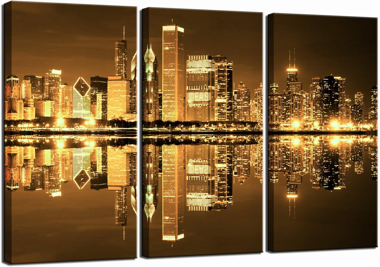 Buy LevvArts - 3 Piece Wall Art Painting Gold Yellow Chicago Skyline at ...