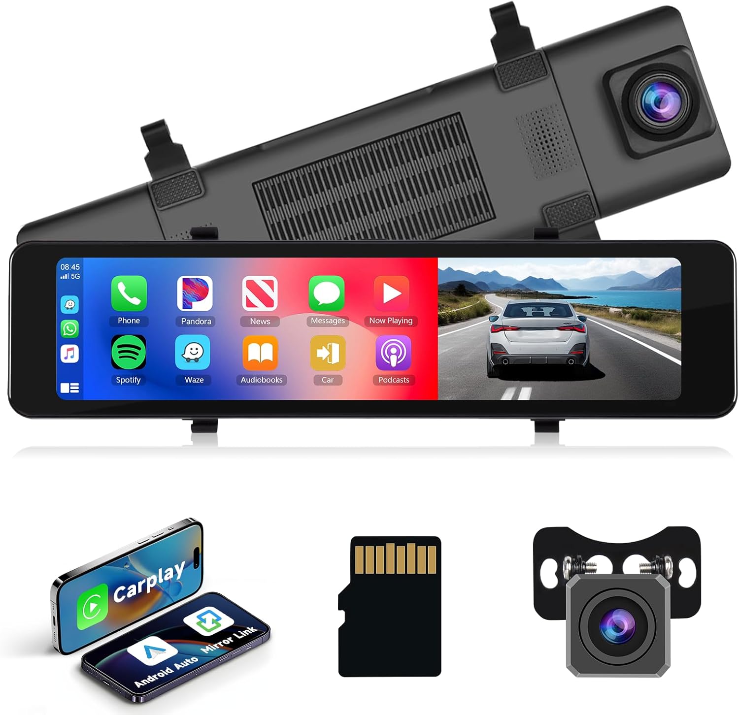 Amazon.com: Wireless Carplay Android Auto Dash Cam Mirror, podofo 11.26 ...
