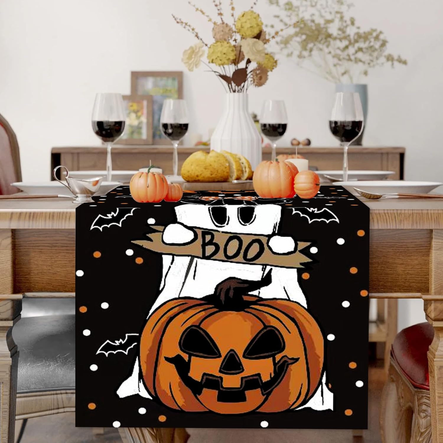 Amazon.com: Halloween Ghost Table Runner, Spooky Funny Holiday Black ...