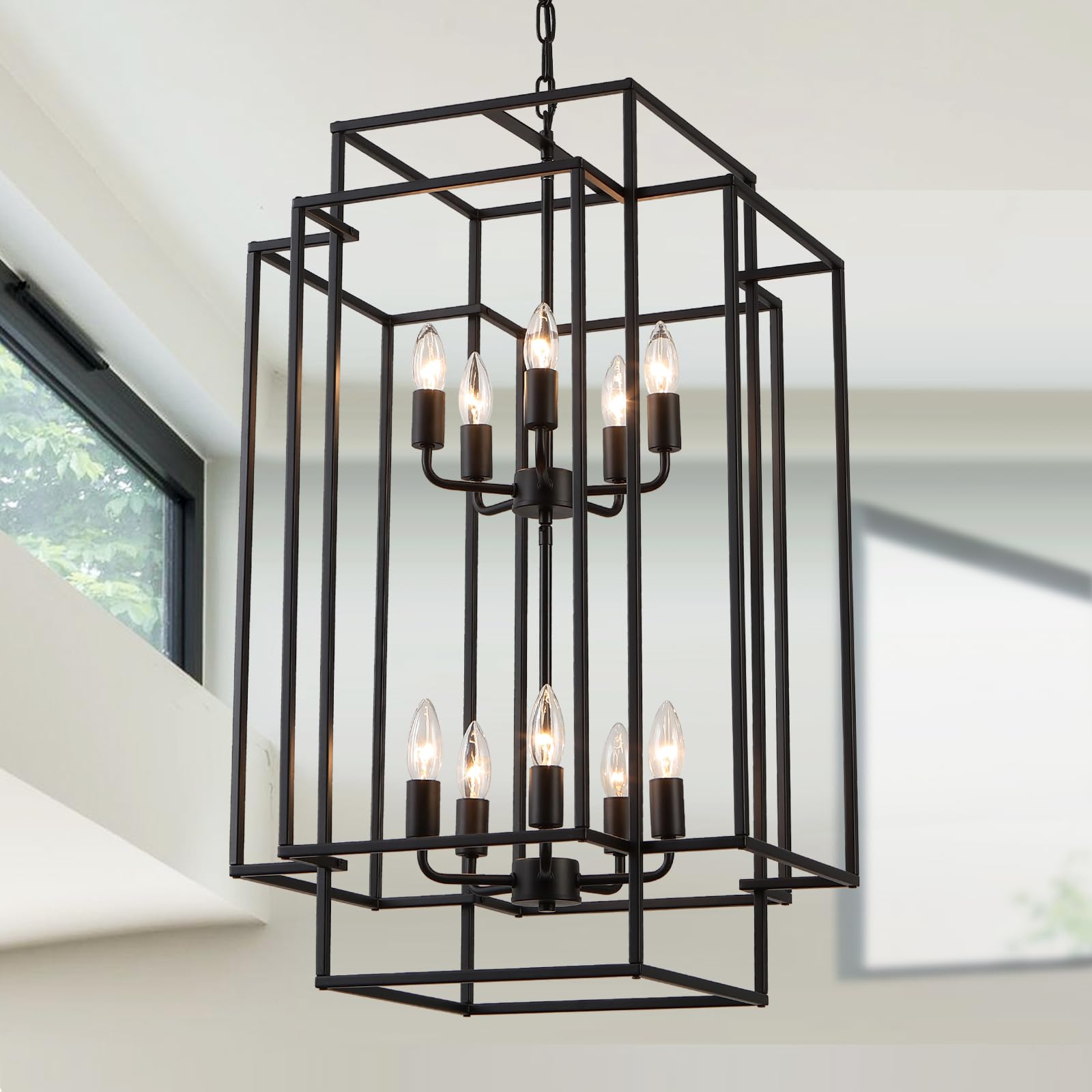 Xuridongsheng 10-Light Lantern Tiered Pendant Light Fixtures, Black ...