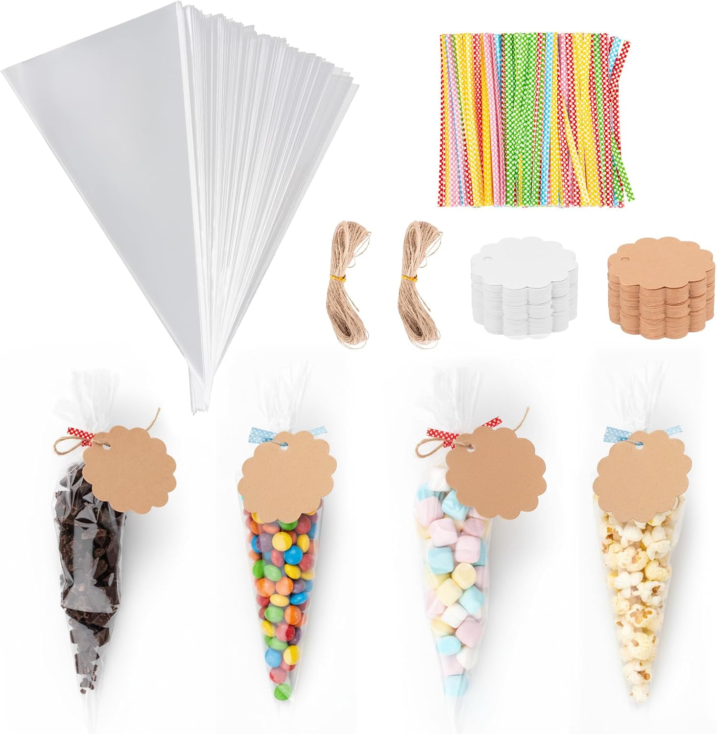 Amazon.com: 200Pcs 5x10 Inch Clear Cone Cellophane Bags with 200 Gift ...