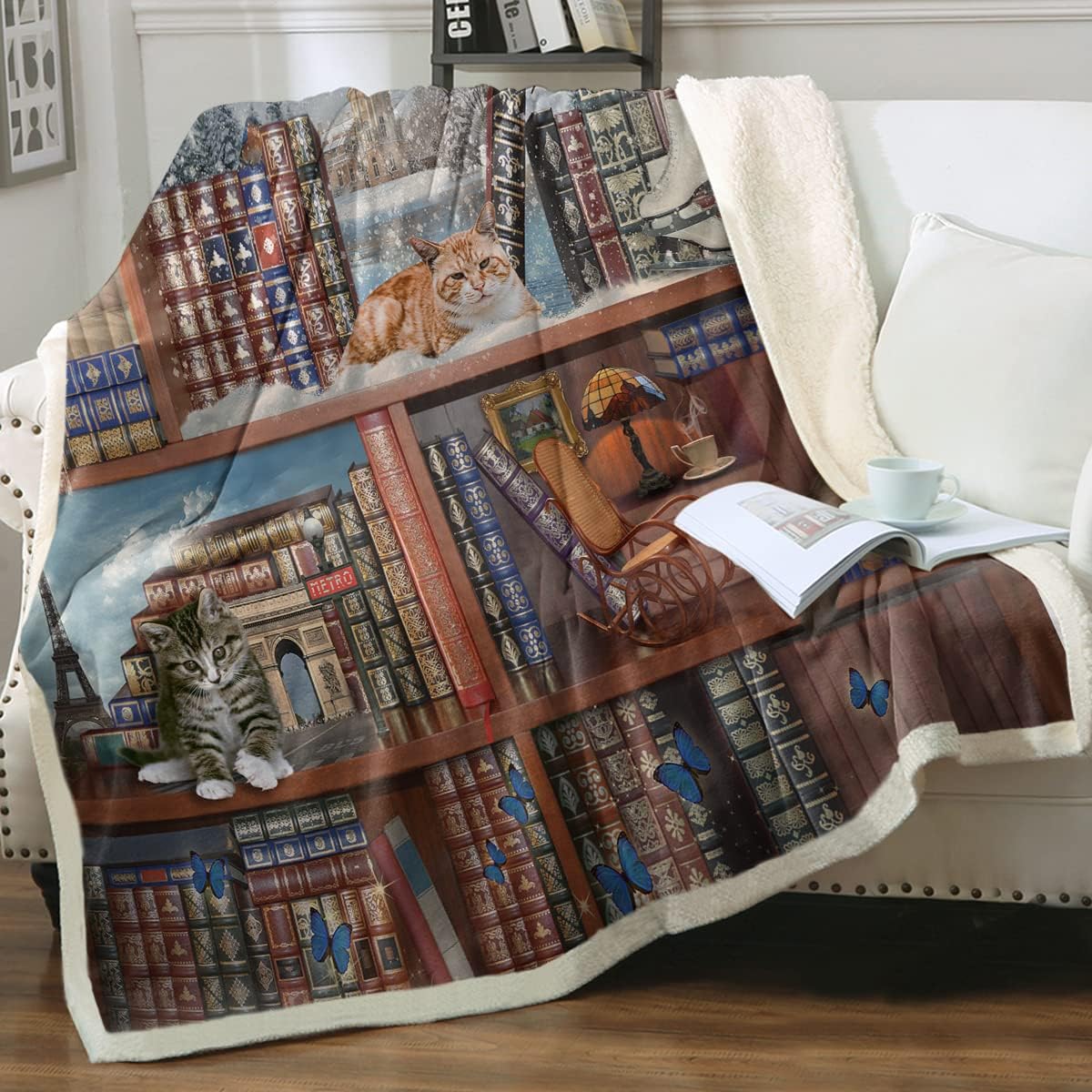 Amazon.com: Sleepwish Cat in The Bookshelf Blanket Vintage Animal Pet ...