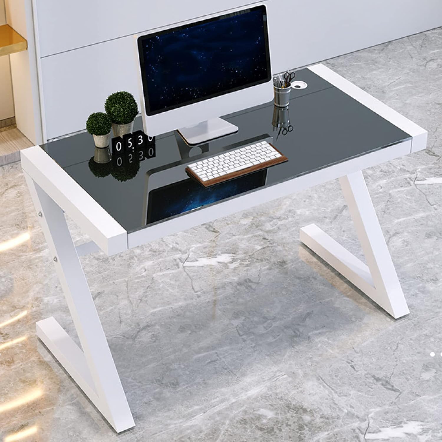 Amazon.com: ALEEIK Tempered Glass Computer Desk with Z-Shaped Metal ...