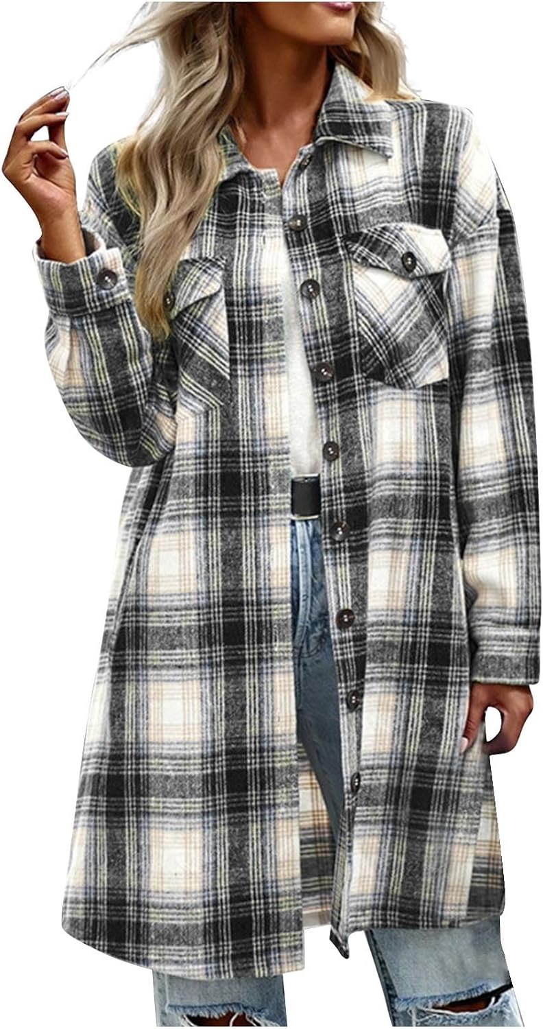 Amazon.com: HGps8w Women's Flannel Plaid Shacket 2025 Fall Long Button ...