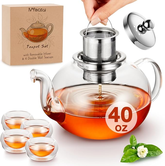 Amazon.com | Large Glass Teapot Set, TeaPot (40 OZ/1200ml) with 4 ...