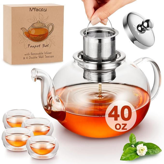 Buy Large Glass Teapot Set, TeaPot (40 OZ/1200ml) with 4 Double Wall ...