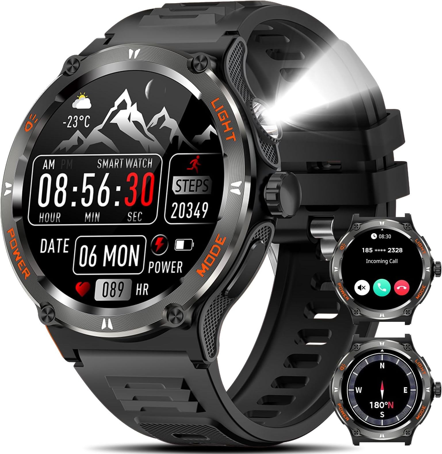 Smartwatch Uomo Militare Impermeabile 3ATM con Torcia LED（3 Modalità di ...