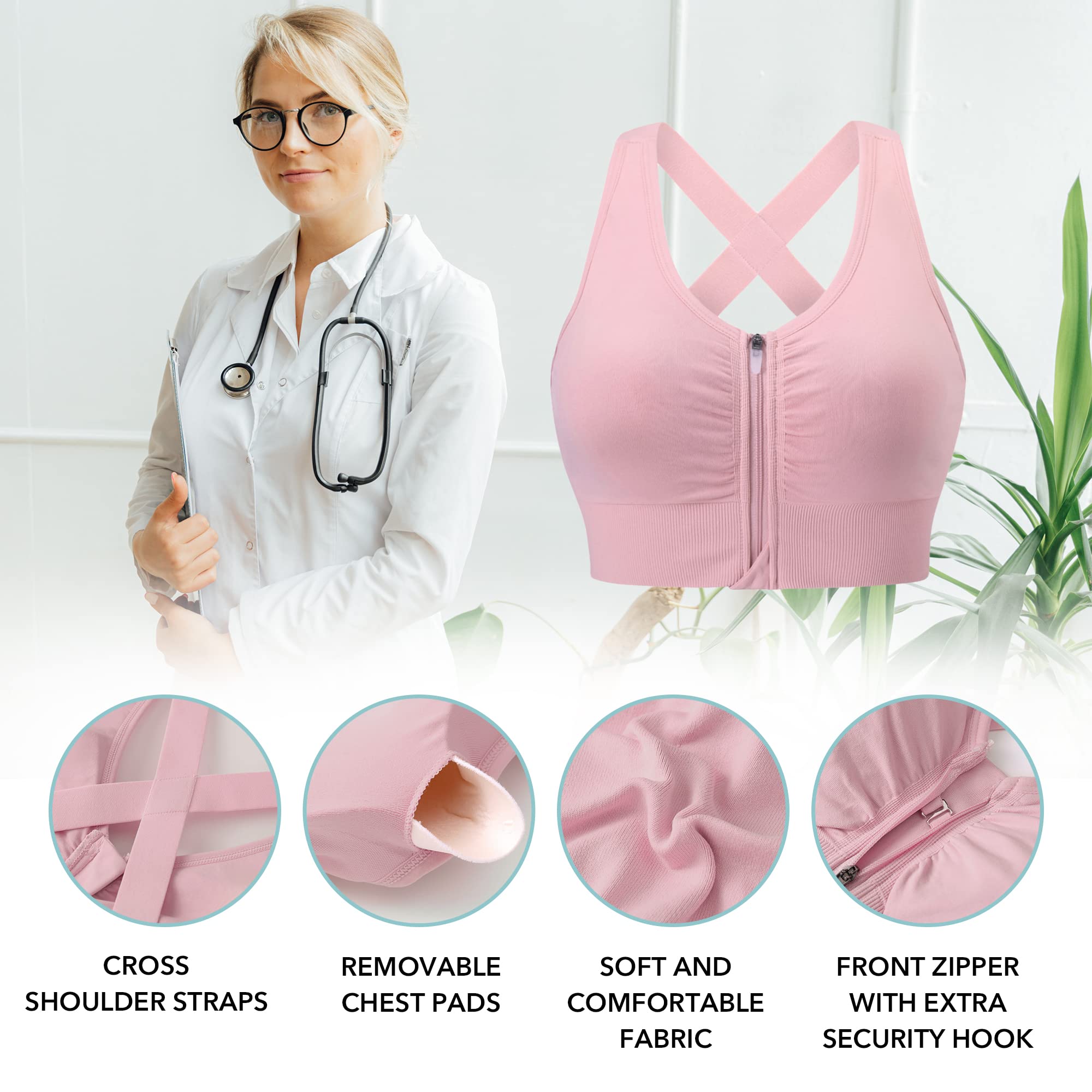 Snapklik.com : Zip Front Post-Surgery Bra Womens Padded Wireless Sports ...