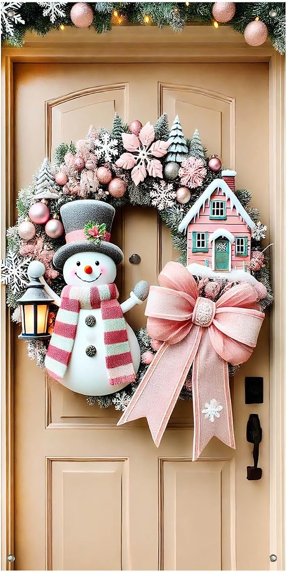 Amazon.com: BlissYard Pink Snowman and House Merry Christmas Door Cover ...