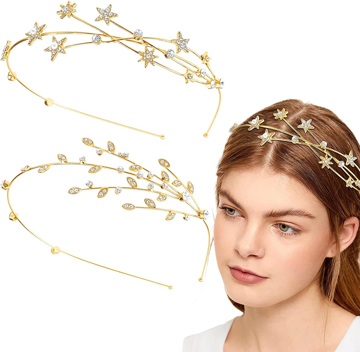 DonLeeving 2 Pcs Gold Rhinestone Alloy Five-pointed Star Headbands ...