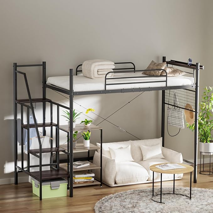 Amazon｜DEWEL ロフトベッド 2段ベッド パイプベッド 大人用/子供 シングル ベッドフレーム 宮棚付き コンセント付き スチールネット付き loft bed 寮 階段 収納 耐荷重 ...