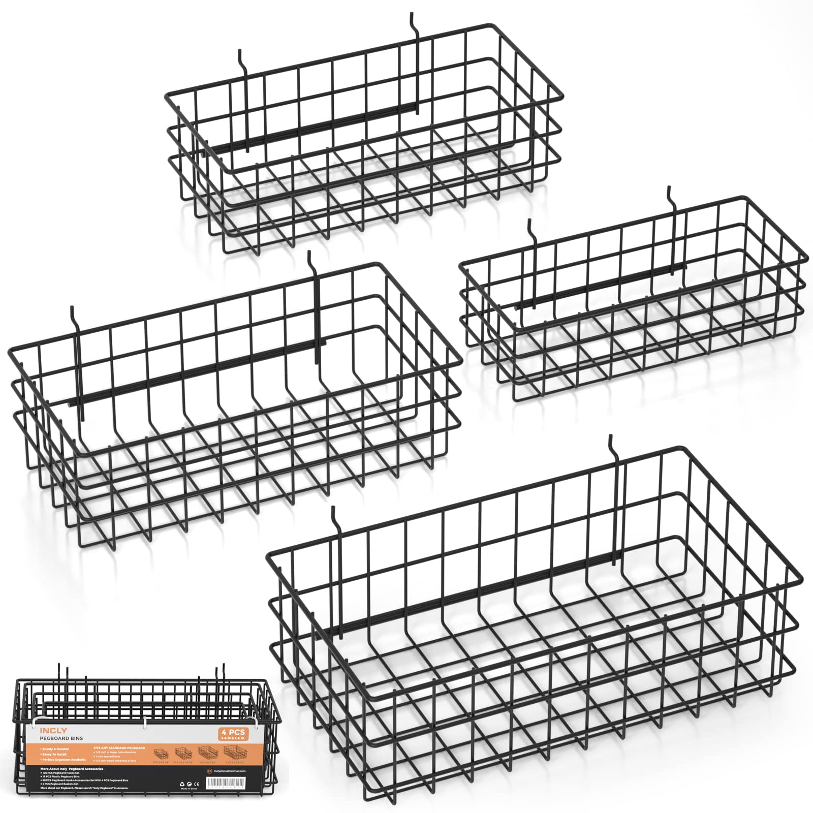 INCLY 4 Pack Pegboard Baskets Bins Set Square Style 4 Size Black Metal incly-4-pack-pegboard-baskets-bins-set-square-style-4-size-black-metal