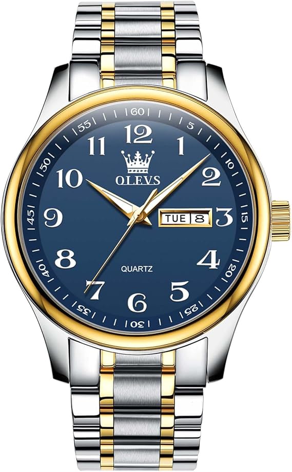 OLEVS Watches for Men Stainless Steel Blue Gold Easy Read Mens Watches ...