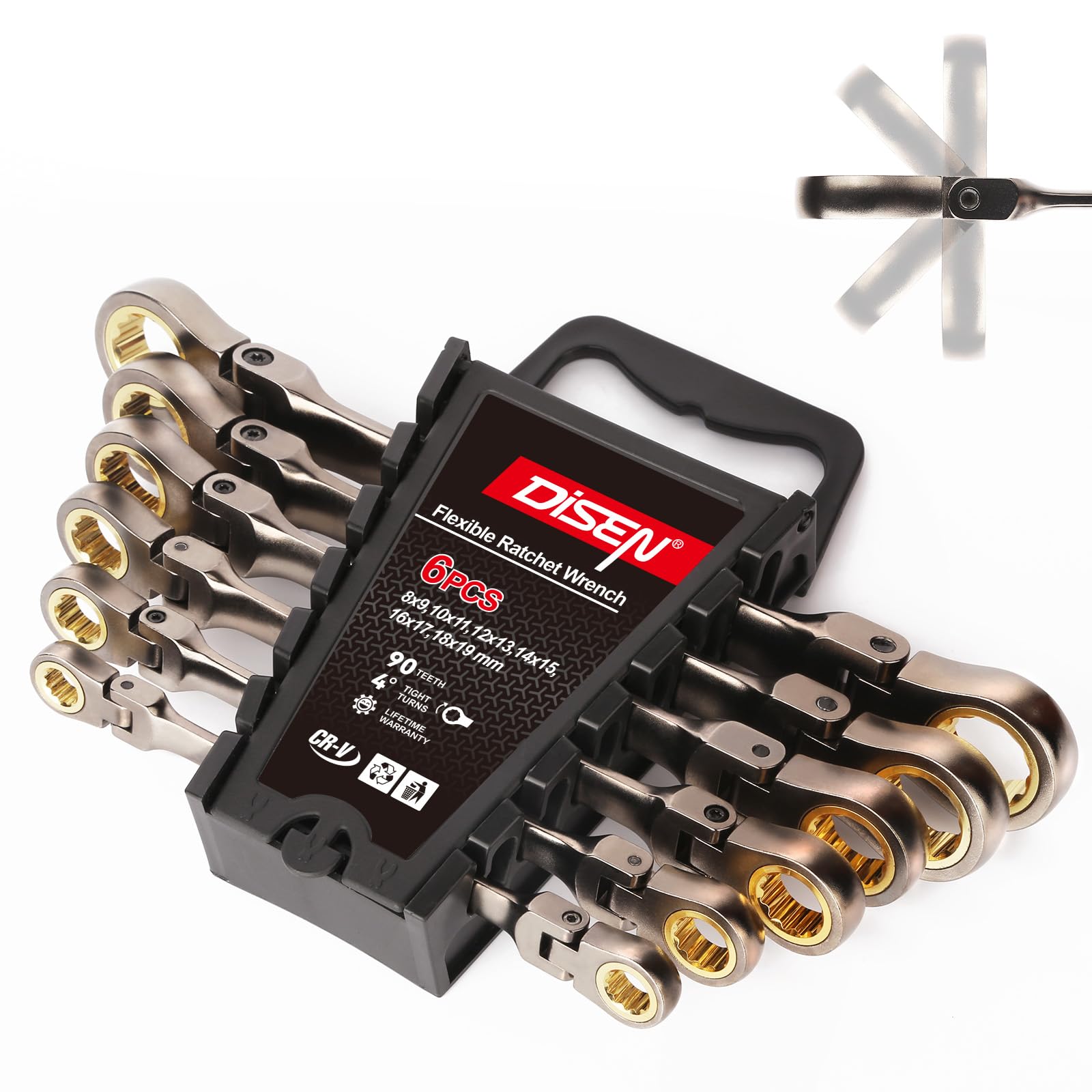 DISEN 6PCS 90 Teeth Ratcheting Wrench Set Double Box End Flex Head with ...