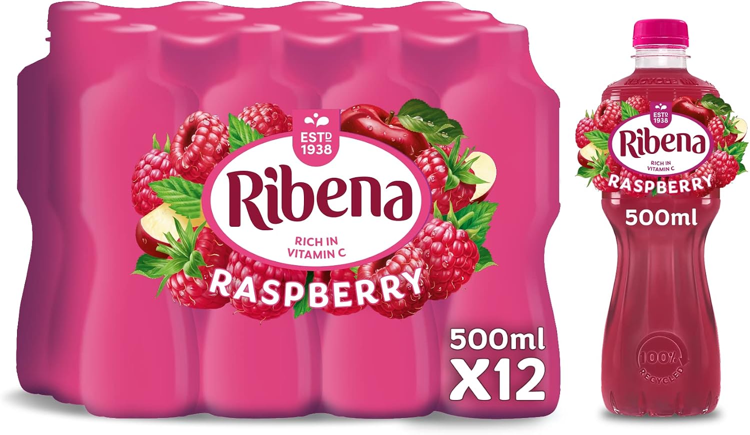 Ribena Raspberry Juice Drink 500ml Multipack of 12 ; Real Fruit ; Rich ...
