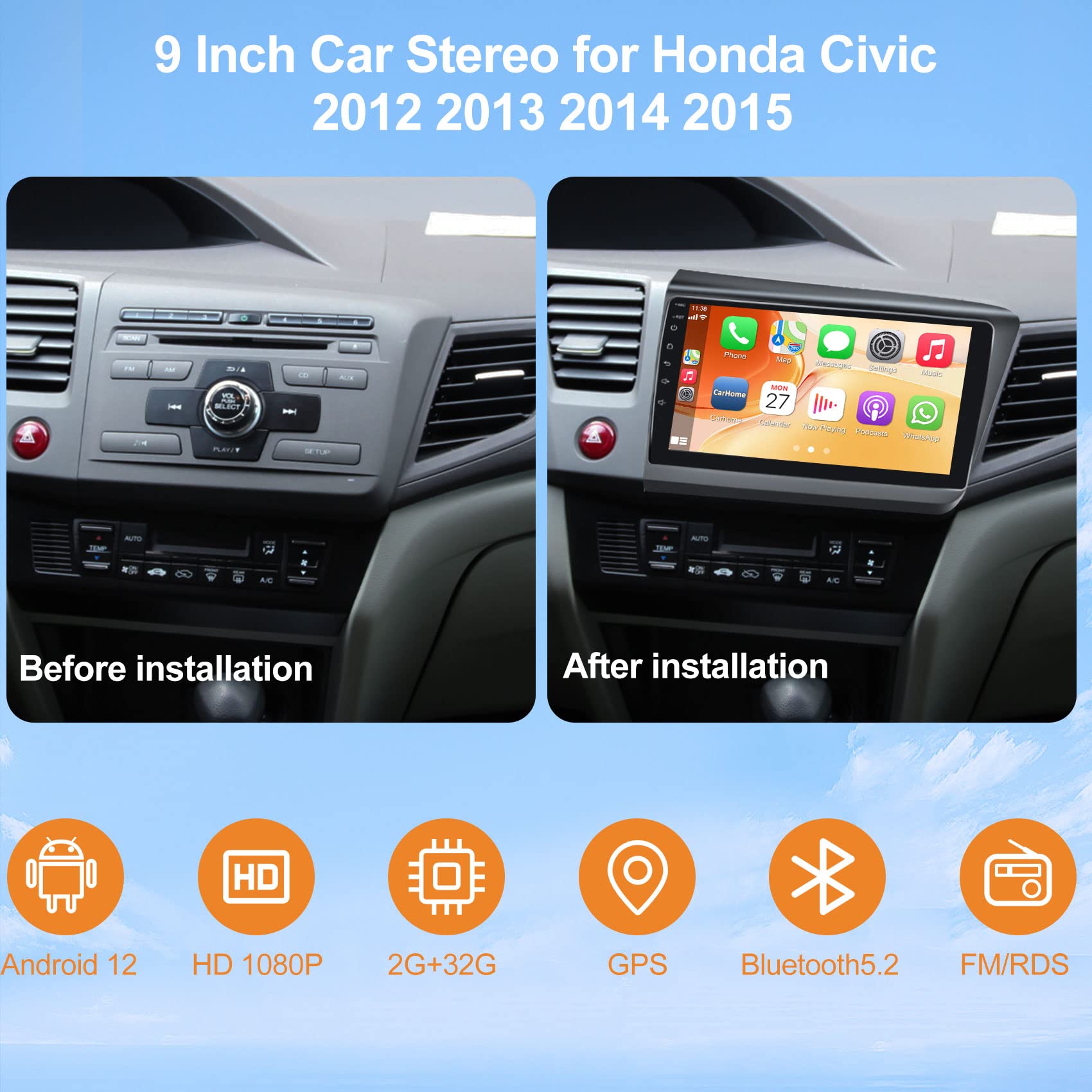 2G+32G Car Stereo for Honda Civic 2012 2013 2014 2015,Wireless Carplay ...