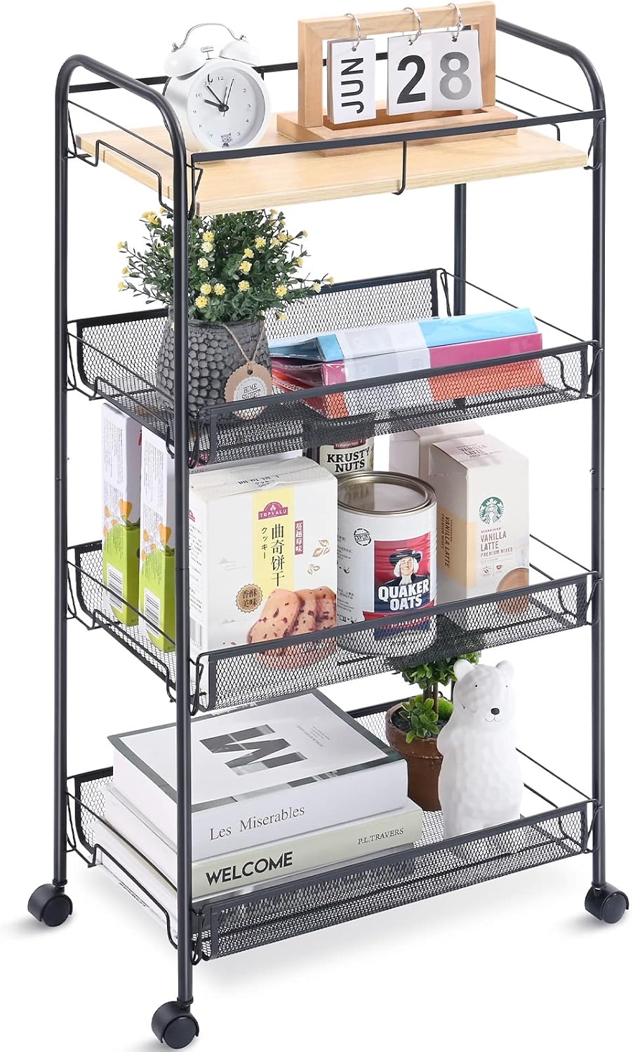 Amazon.com: KINGRACK 4-Tier Rolling Cart,Metal Utility Cart with Wooden ...