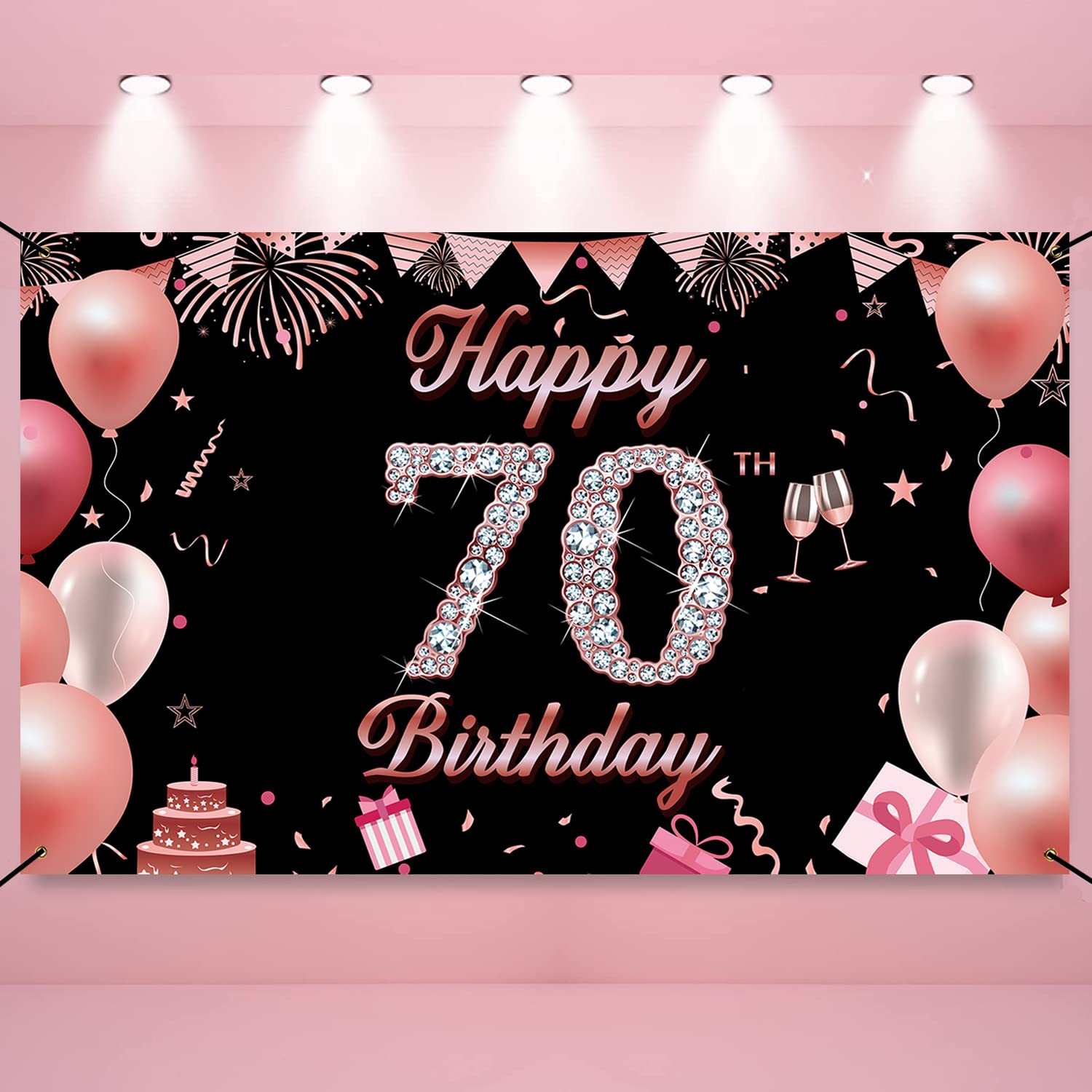 Amazon.com : Wiipenex Happy 70th Birthday Banner Black and Rose Gold ...