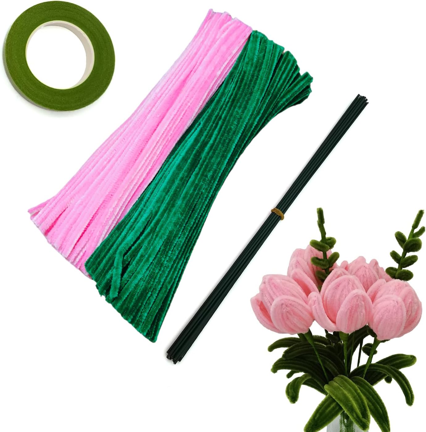 Just Flowers 200 pcs Pink Dark Green Pipe Cleaners Set with 25 Pc ...