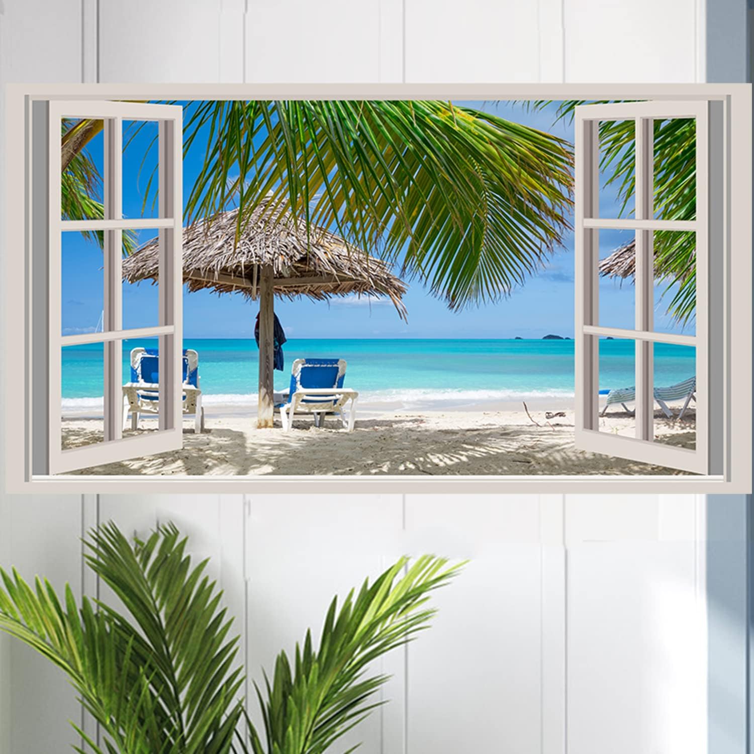 Amazon.com: Beach Wall Sticker 3D Fake Windows Wall Stickers Beach ...