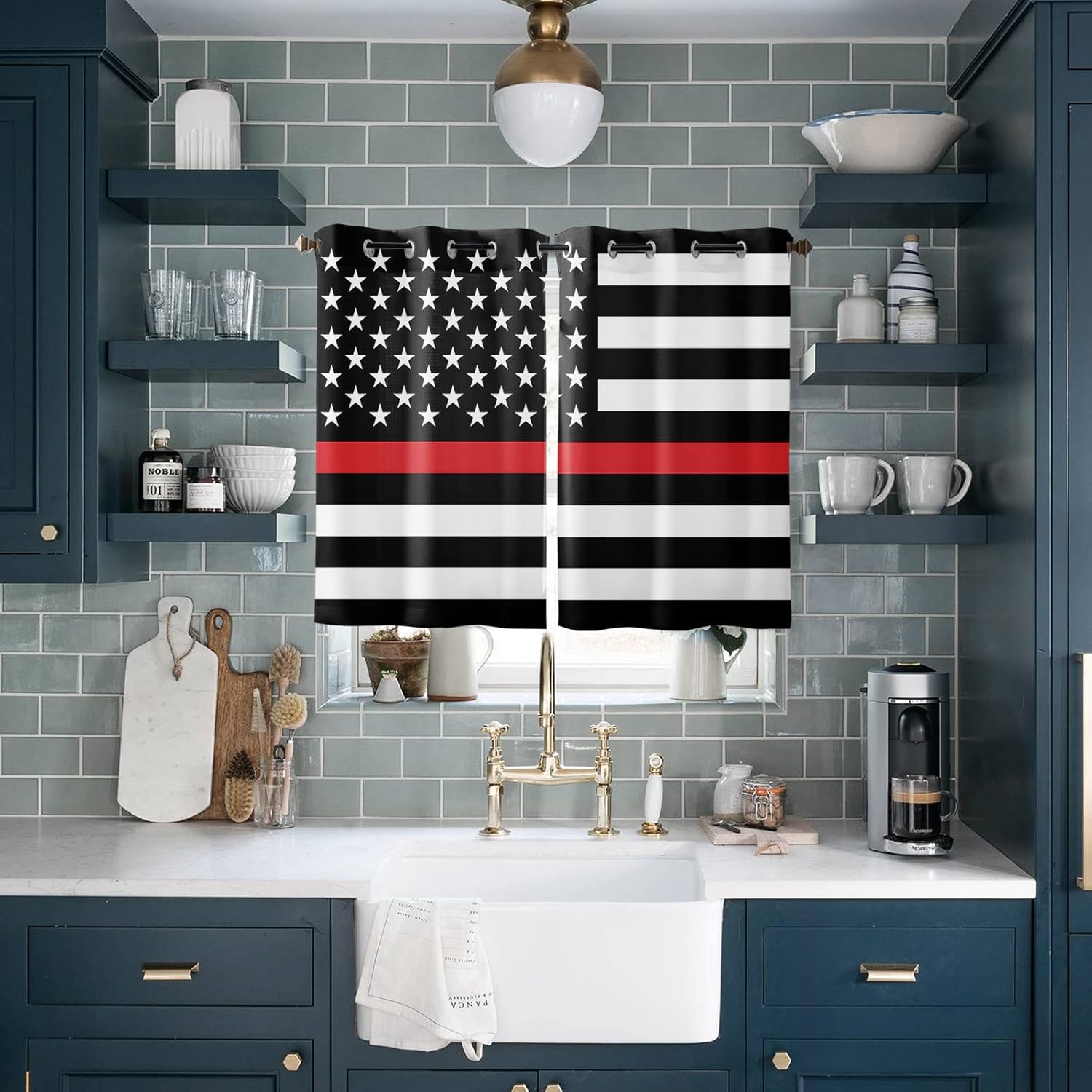 Cortinas de ventana, 2 paneles de líneas rojas delgadas, banderas ...