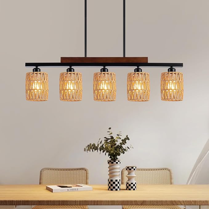Rattan Farmhouse Chandeliers for Dining Room, 5 Lights Boho Dining Room ...