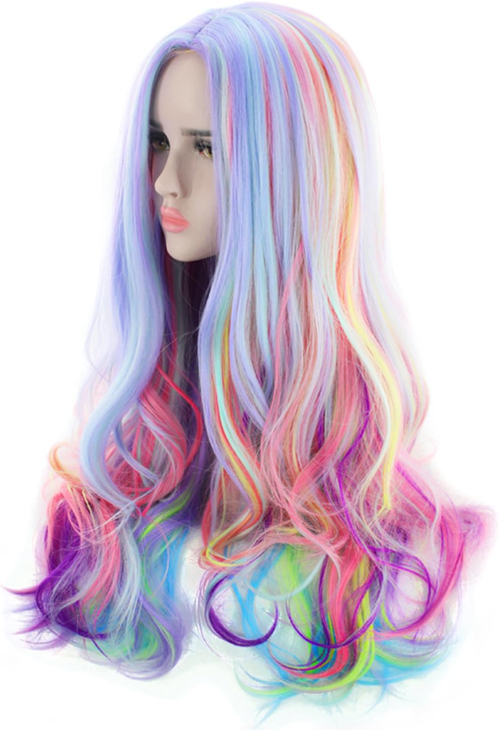 Amazon.com : AGPTEK Full Long Curly Wavy Rainbow Hair Wig, Heat ...