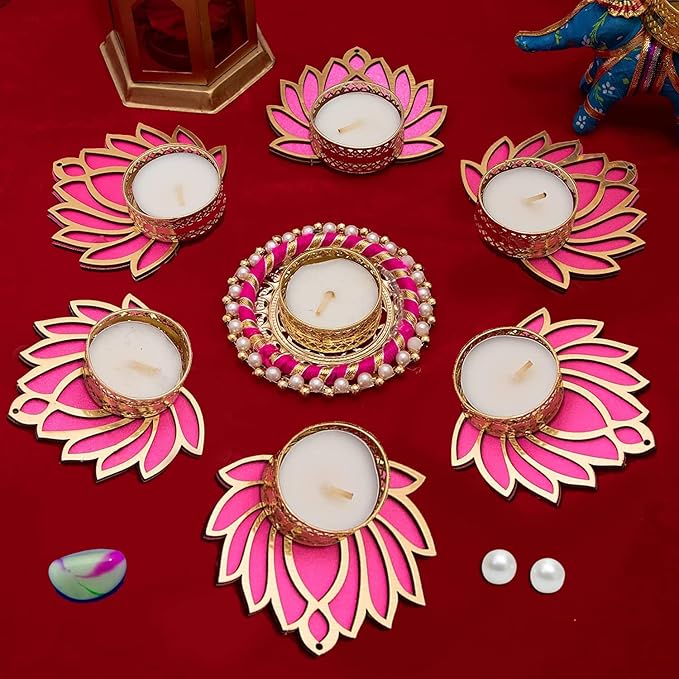GIFT JAIPUR Handmade 7 Pc Pink Lotus Chudi Diya Rangoli Candles With ...