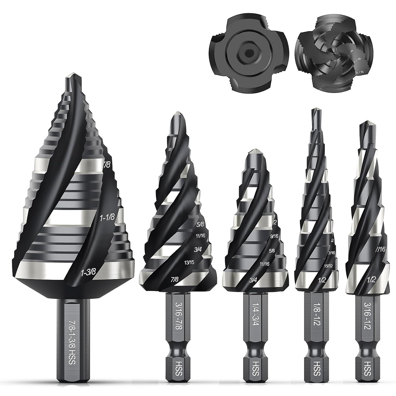THINKWORK Four Spiral Flute Step Drill Bit Set, 5 Pcs HSS Step Drill ...