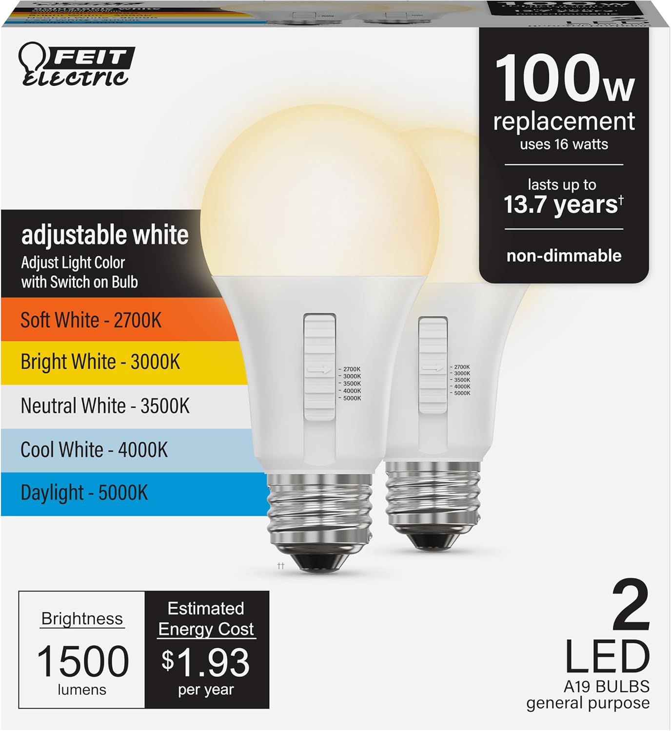 Feit Electric A19 LED Light Bulb, 100W Equivalent, Non-Dimmable, 5CCT ...
