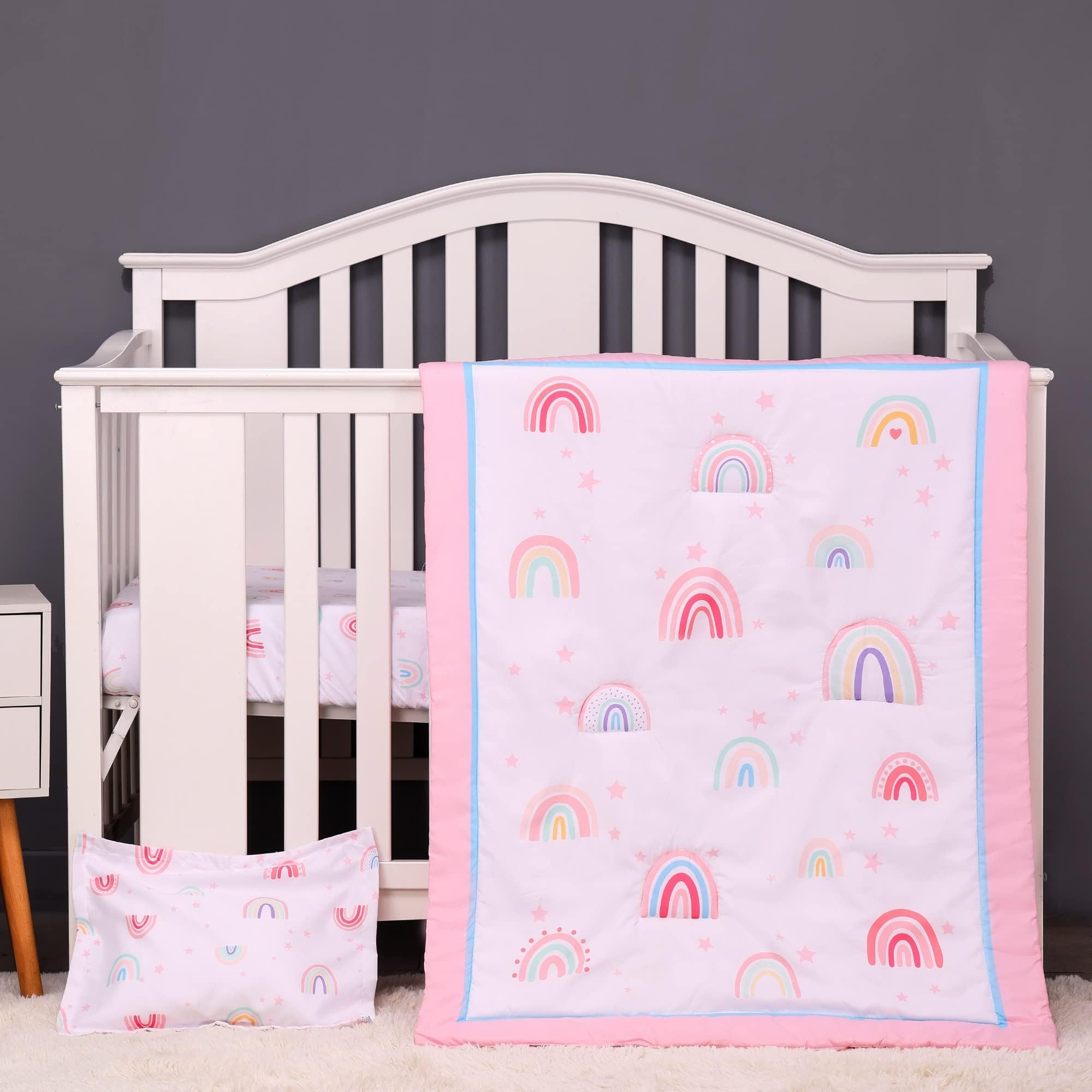 Amazon.com: 4 Pieces Boho Rainbow Crib Bedding Set, Neutral Rainbow ...
