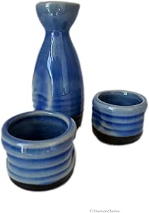 Amazon.com: 3 pc Japanese Blue Ceramic Saki Rice Wine Set with Carafe ...