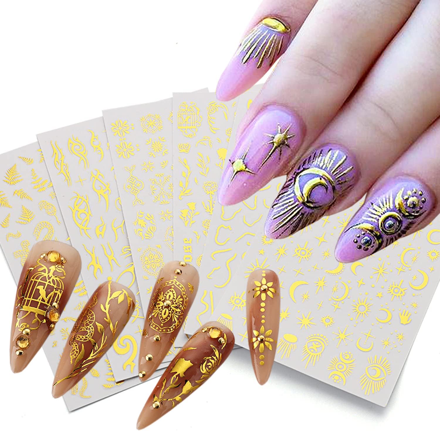 Amazon.com: 6 Sheets Gold Nail Art Stickers, Flowers Leaf Sun Moon ...