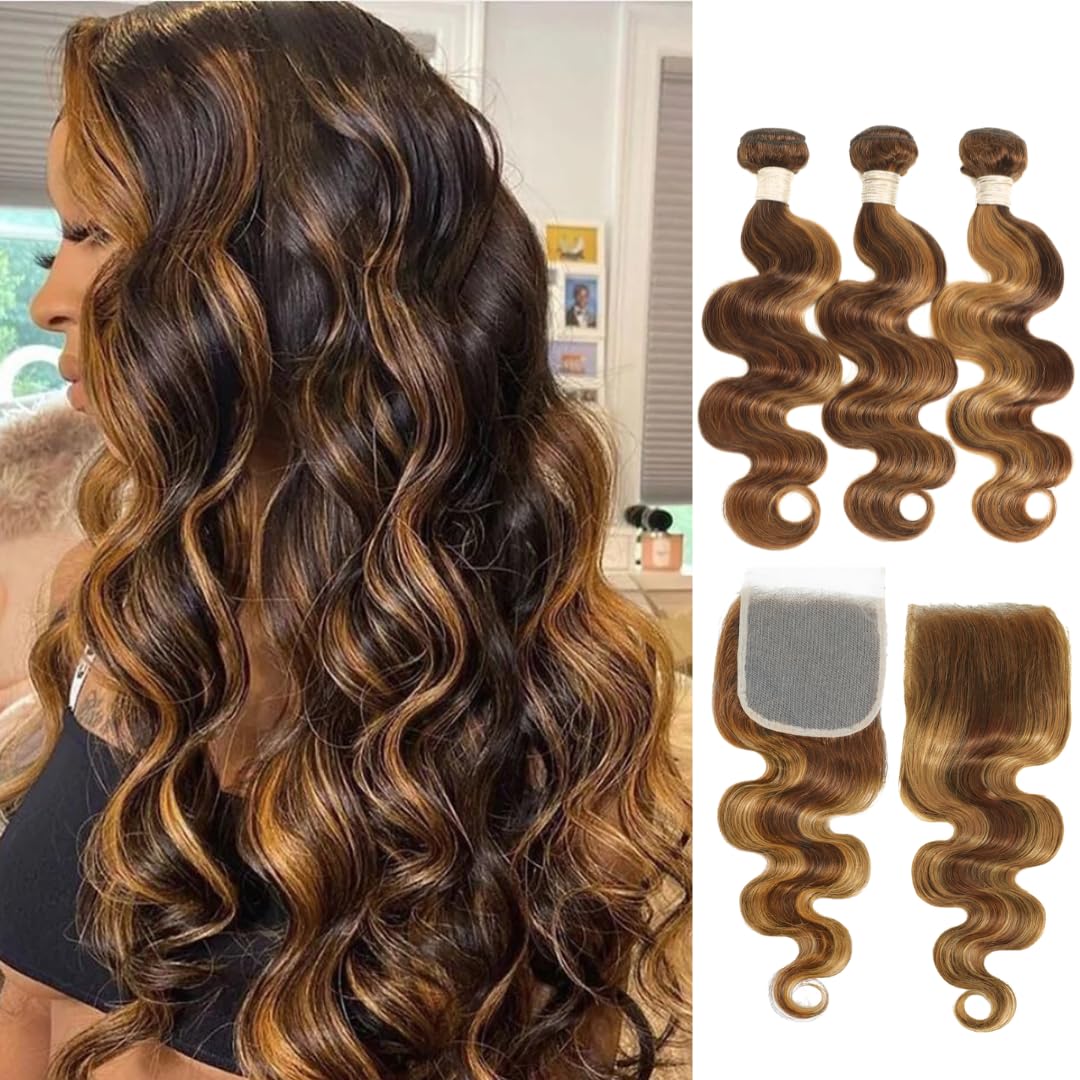 Amazon.com : ALHER #P4/27 Honey Blonde Highlight Bundles With Closure ...