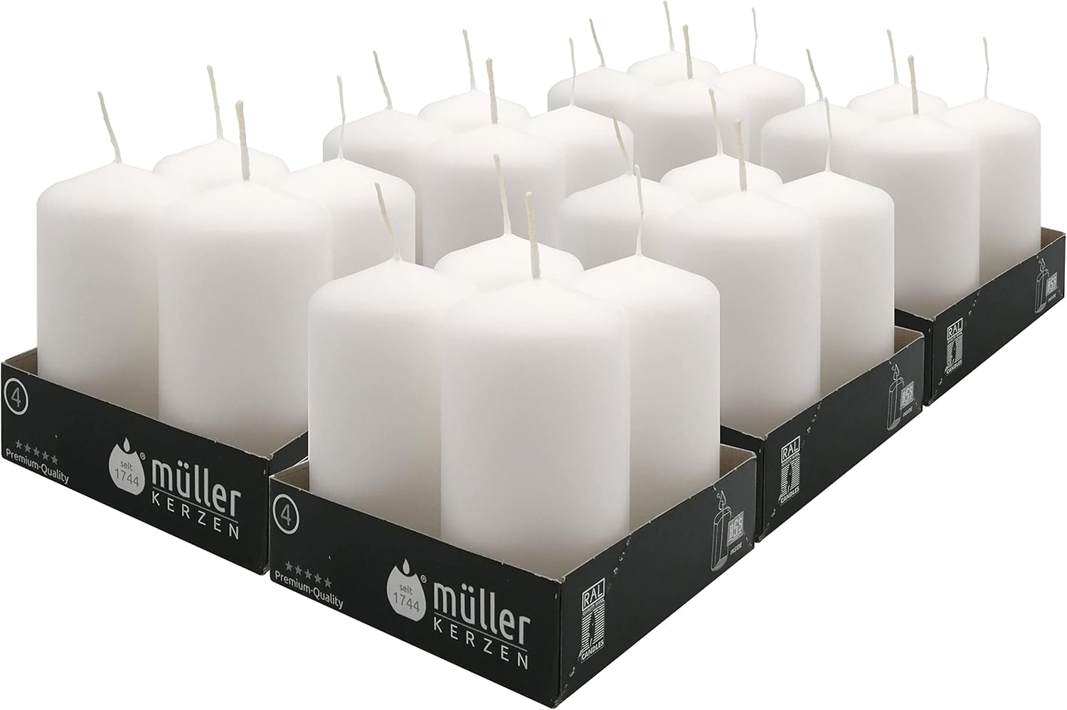 Müller Small Pillar Candle - Pack of 24 Unscented White Candles - 4,8 x ...