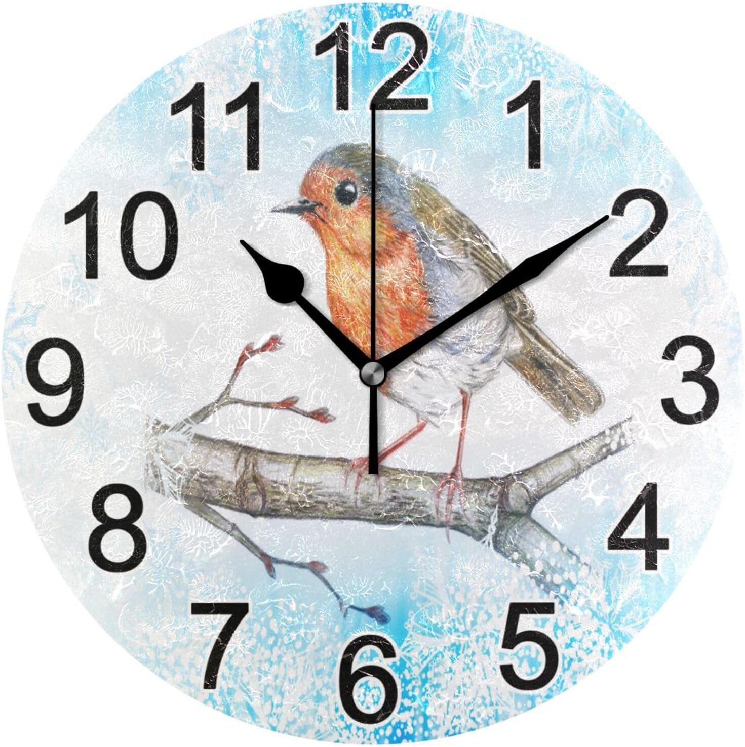 Mnsruu Robin Bird Blue Snowflake Wall Clock Non Ticking Silent Kitchen ...
