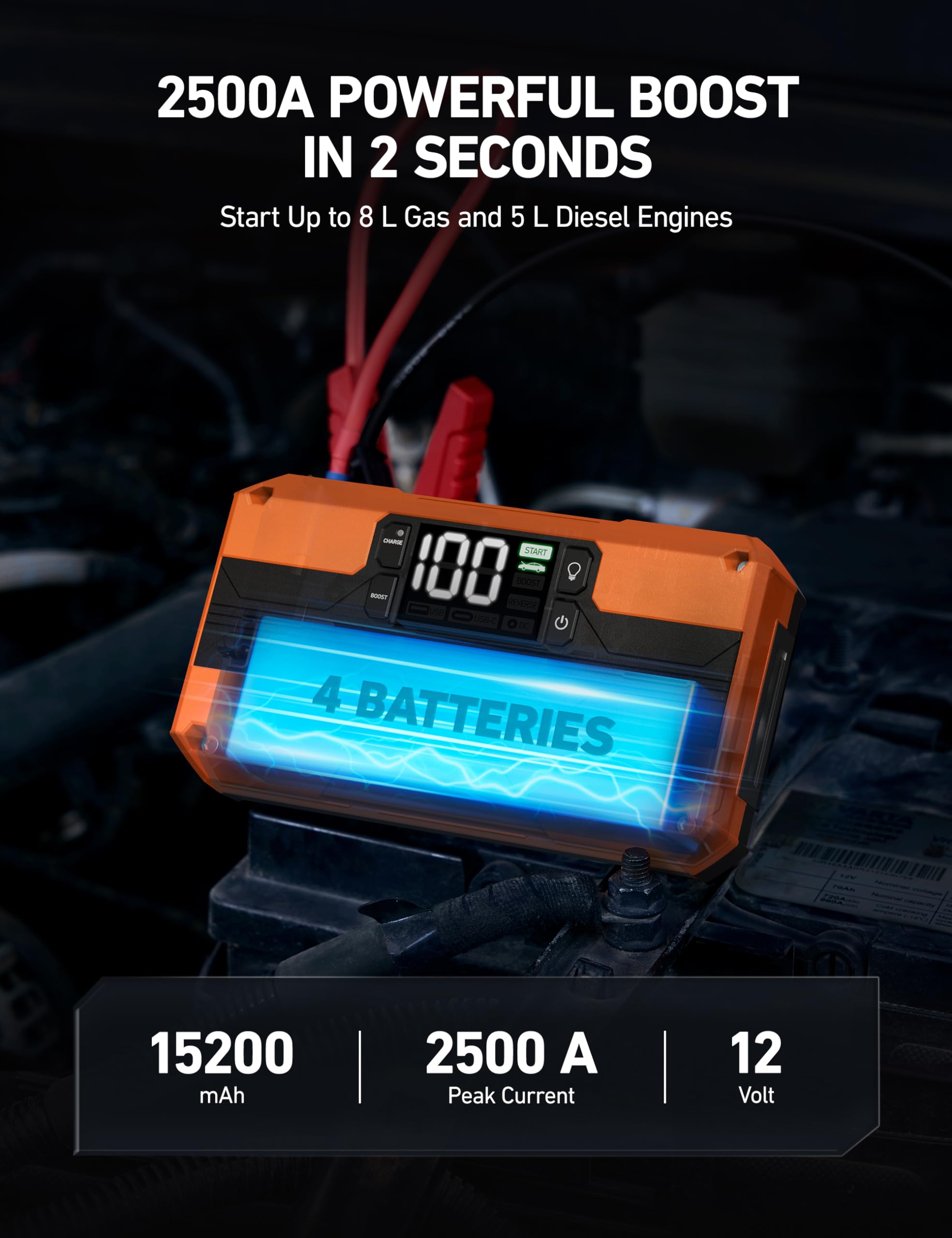 AstroAI T8 Car Jump Starter Orange, 2500A 8-in-1 Jump Box for Car ...