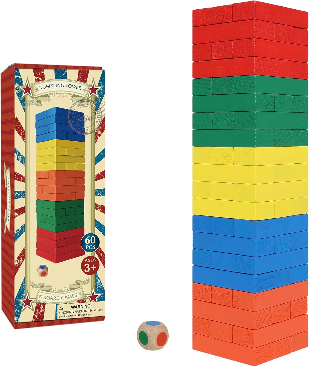 Amazon.com: GOTHINK Wooden Tumble Tower Game, 60 Colorful Pieces for ...