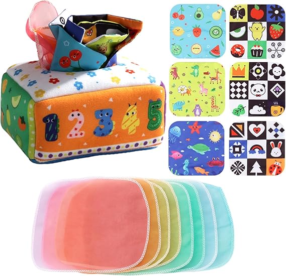 1 Baby Tissue Box Toy, Sensory Tissue Box for Babies with 3 Crinkle ...