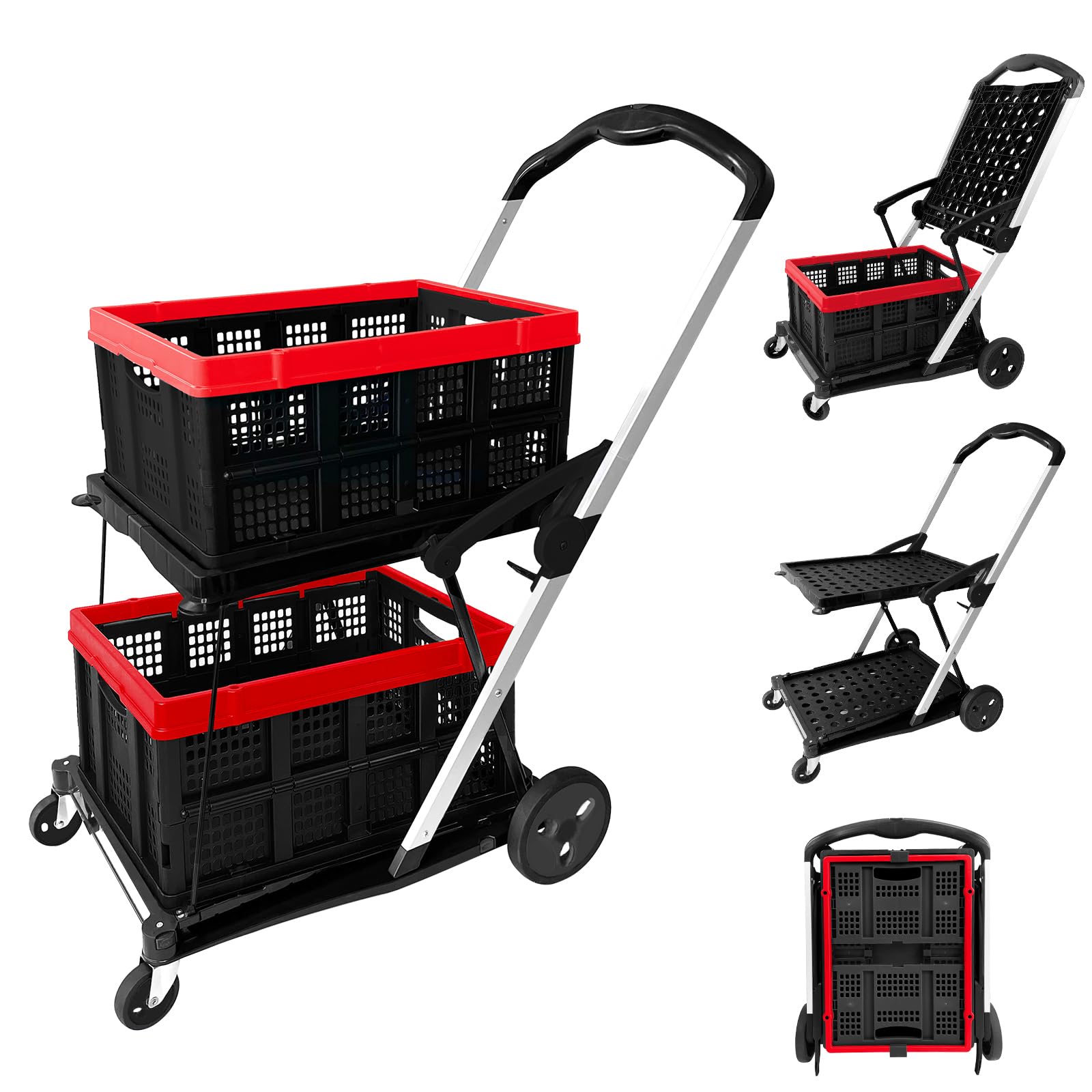 Collapsible Shopping Carts with Crates for Groceries (Black-198lbs)