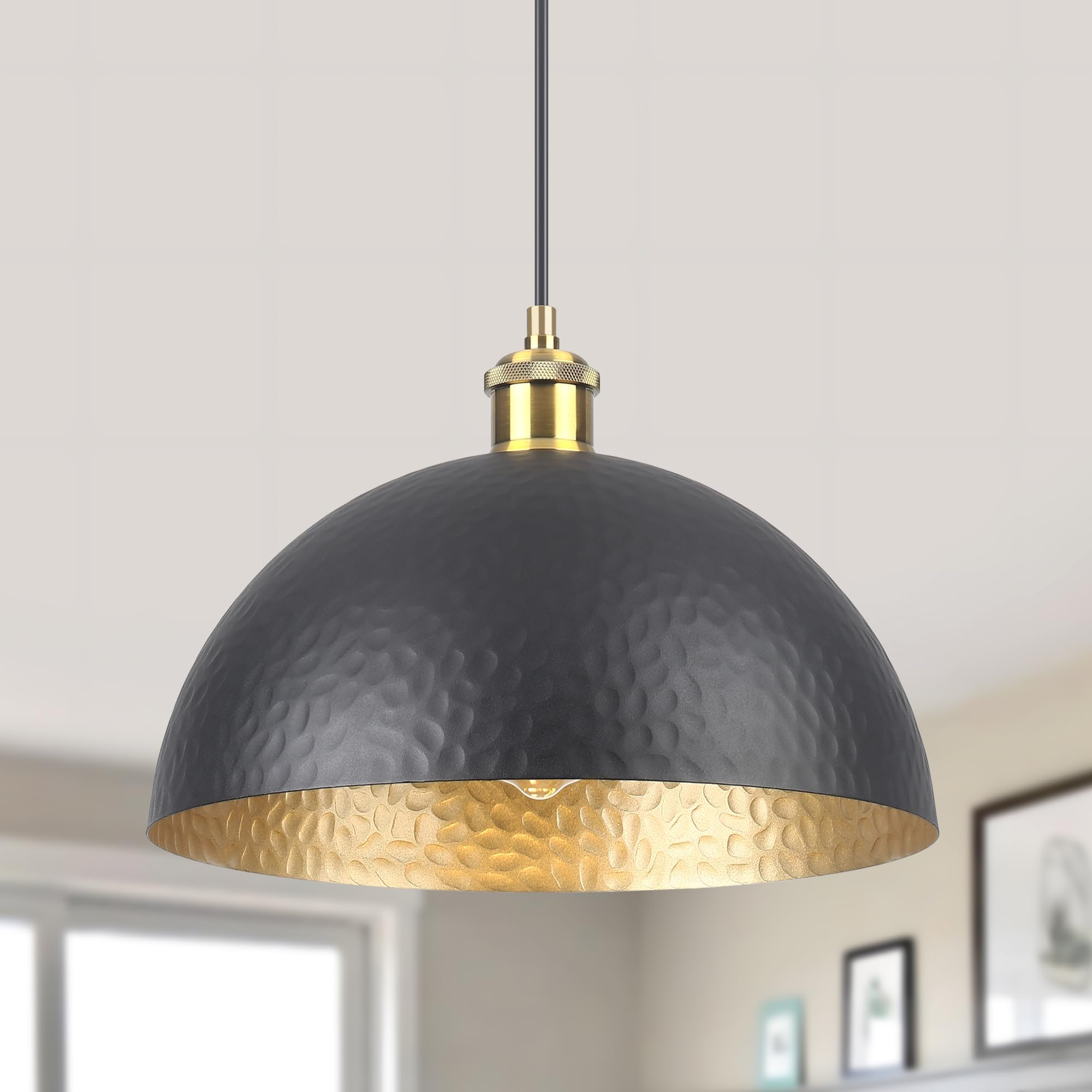Febeleven Black Farmhouse Pendant Light with Hammered Metal Shade ...