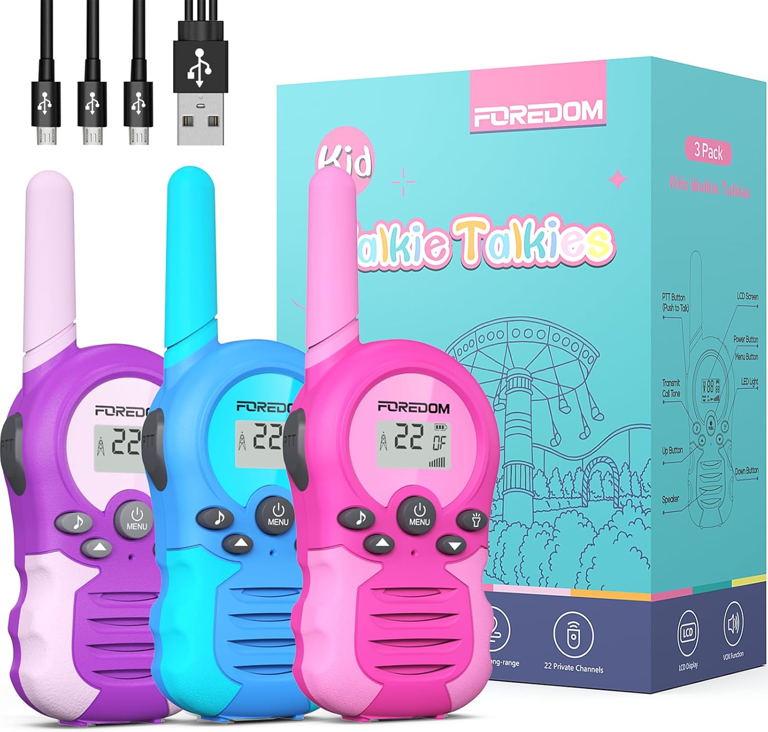 Amazon.com: Foredom Walkie Talkies for Kids Rechargeable 3 Pack Long ...