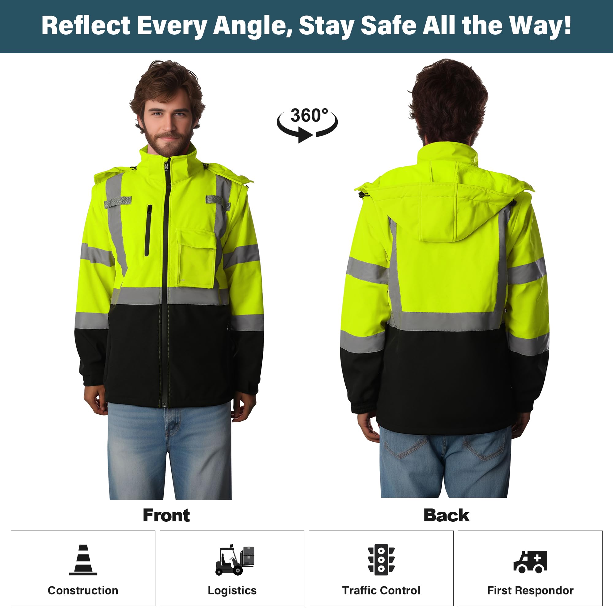 SHORFUNE High Visibility Reflective Safety Softshell Jacket for Men ...