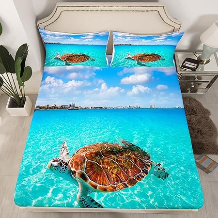 Amazon.com: Sea Turtle Bedding Set Marine Life Printed Sheet Set Teal ...