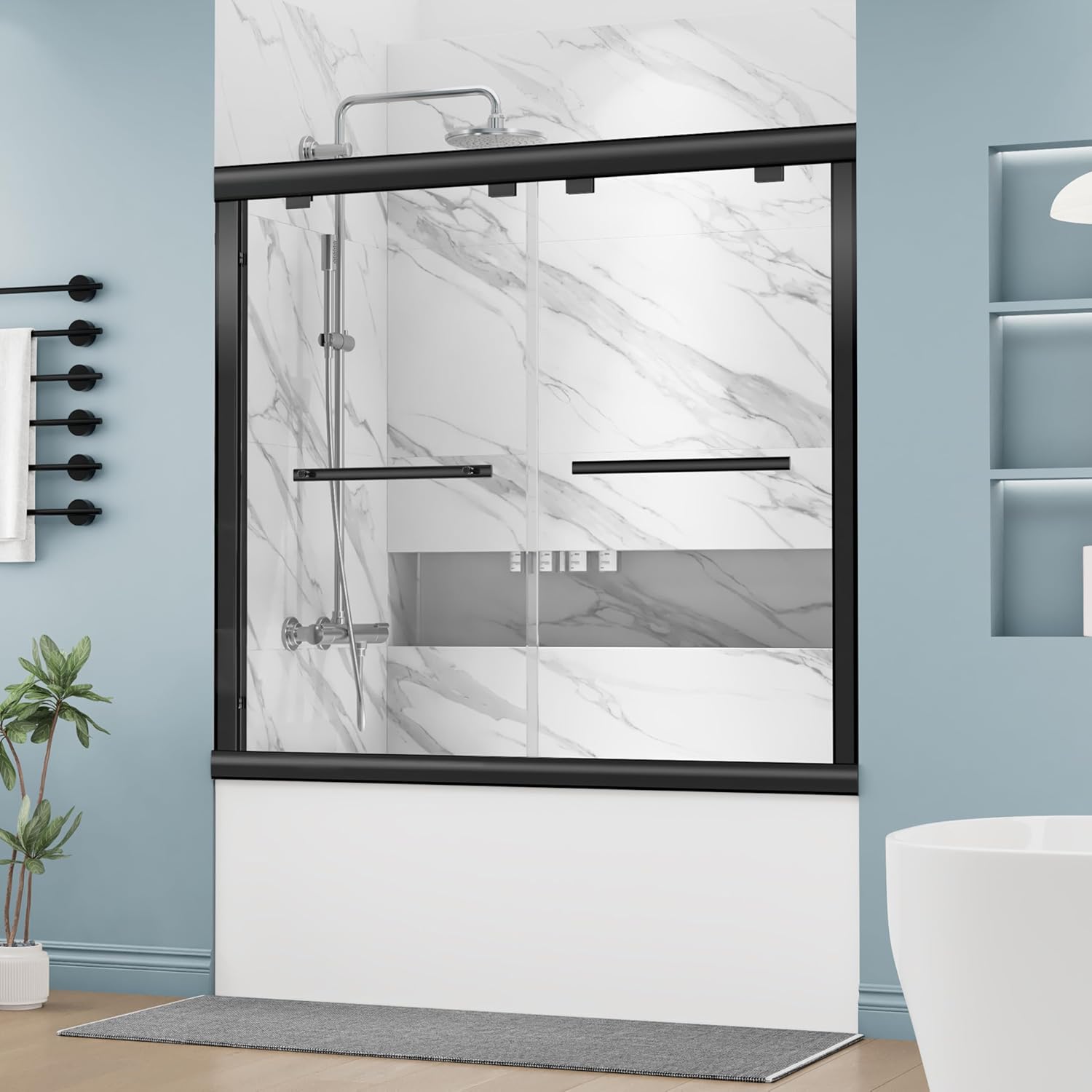 DELAVIN 56-60 in.W x 59 in.H Semi-Frameless Double Sliding Tub Shower ...