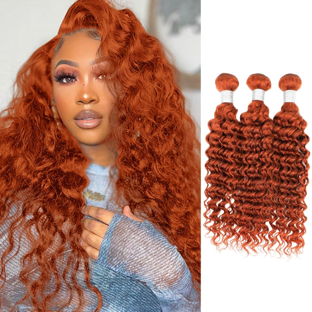 Amazon.com : AUROO Deep Wave Ginger Bundles Human Hair Brazilian 350 ...