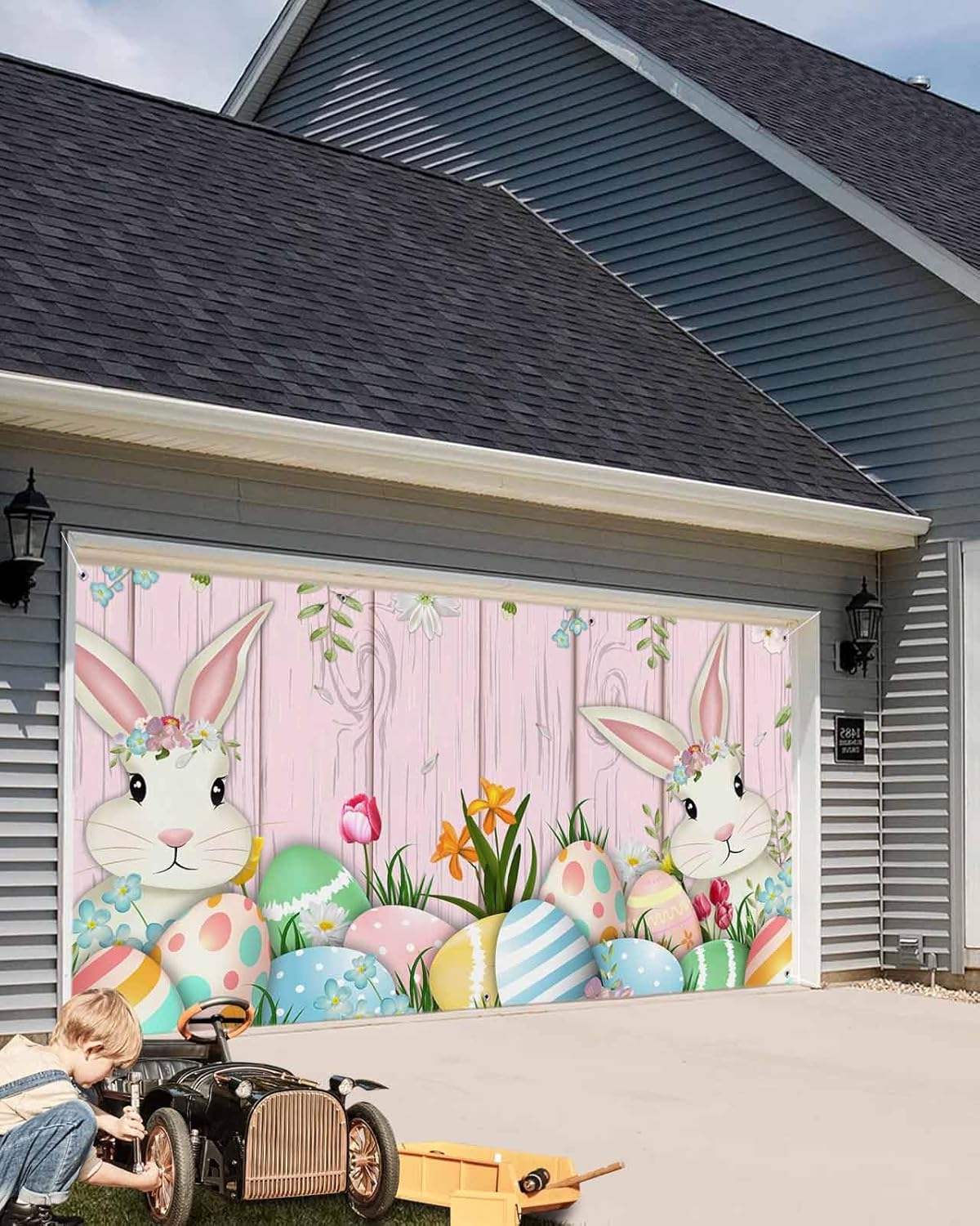 Amazon.com: Garage Door Banner Cover Easter Bunny with Eggs Pink Wooden ...