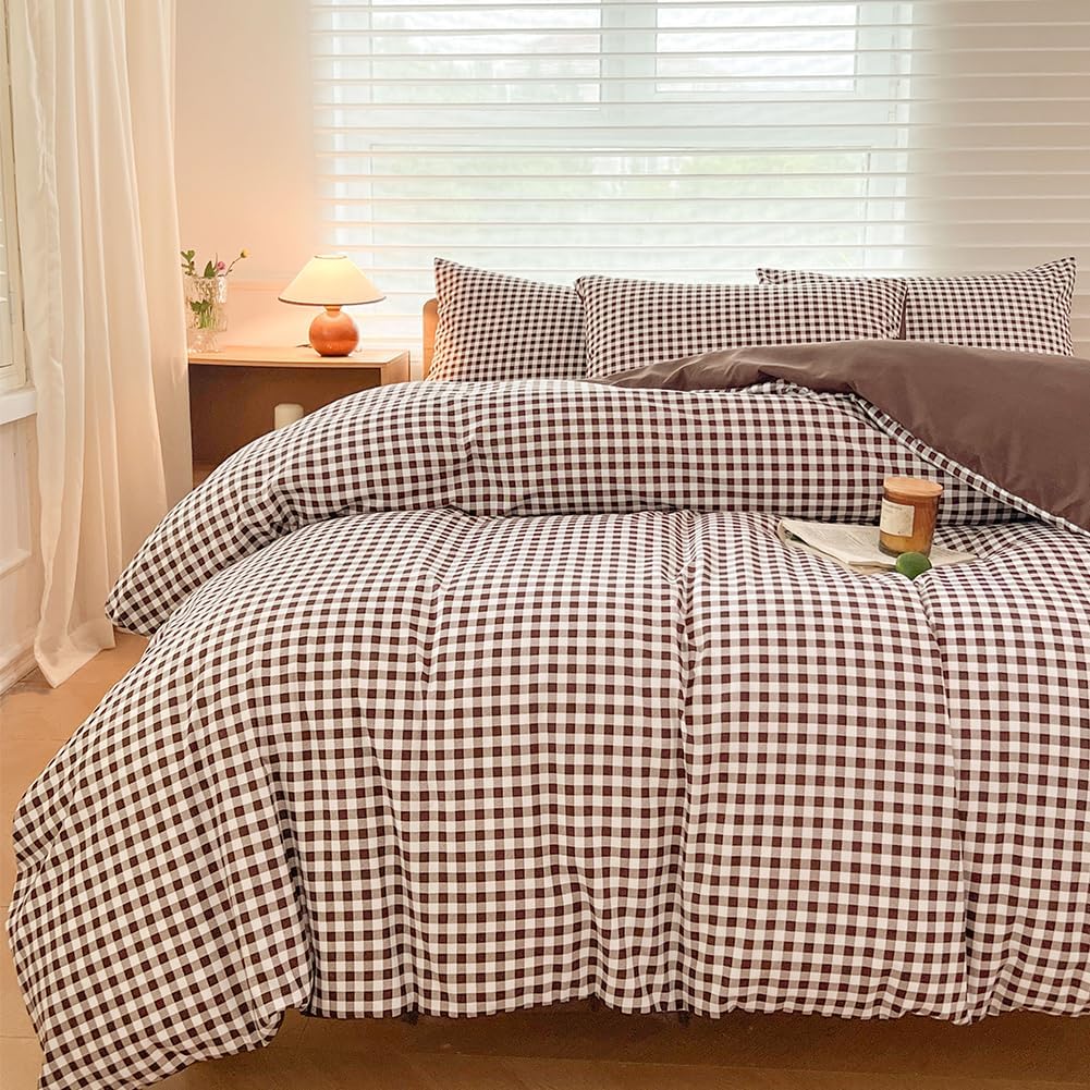 Amazon.com: NSNLGSGC Mocha Gingham Duvet Cover Set Twin, Dark Tan Grid ...