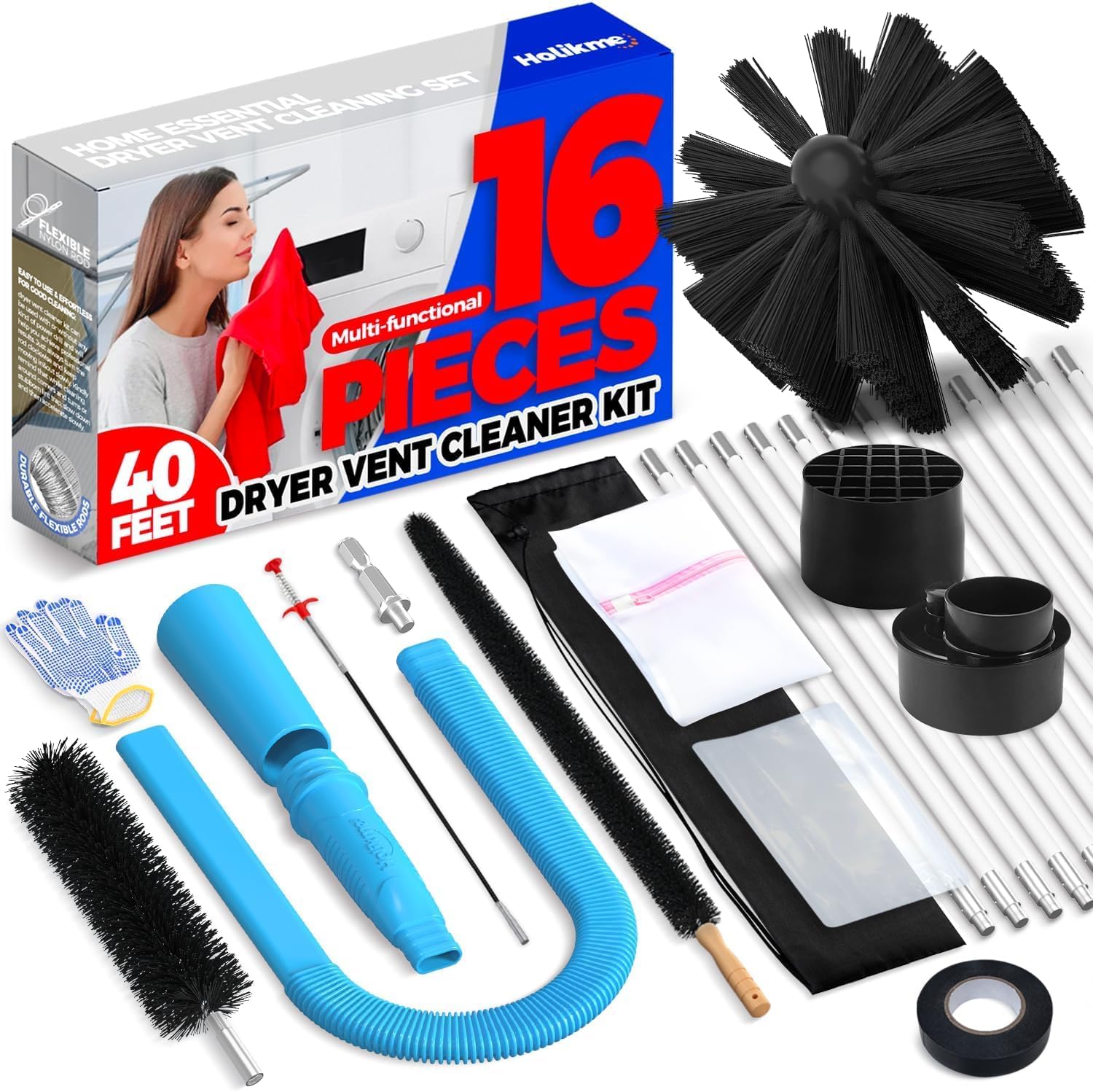 Holikme 12 Pieces Dryer Vent Cleaning Kit Dryer Cleaning Tool 40 Feet ...